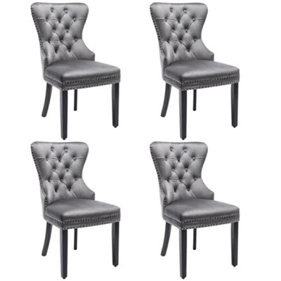 Set of 4 Velvet Dining Chairs with Oak Legs, Button Detail, Chrome ...