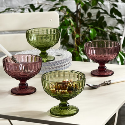 Set of 4 Vintage Green & Pink Glass Trifle Bowl and Dessert Bowls