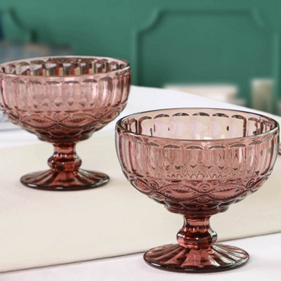 Set of 4 Vintage Green & Pink Glass Trifle Bowl and Dessert Bowls