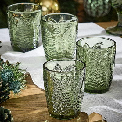 Set of 4 Vintage Luxury Green Leaf Embossed Drinking Glass Tumblers 260ml