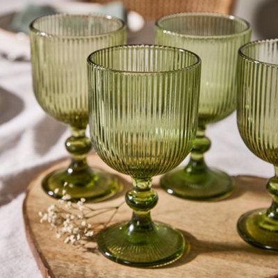 Set of 4 Vintage Luxury Green Ribbed Drinking Wine Glass Wine Goblets 360ml