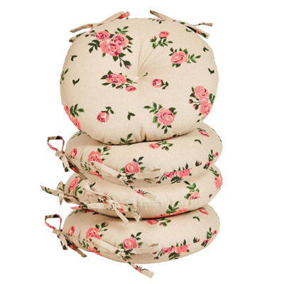 Set of 4 Vintage Rose Round Summer Outdoor Garden Chair Seat Pad Cushions