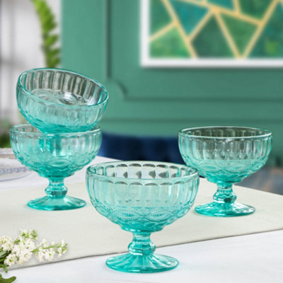 Set of 4 Vintage Turquoise Blue Glass Trifle Bowl and Dessert Bowls ...