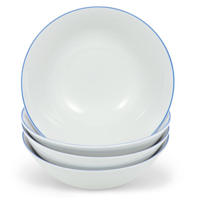 Set of 4 White Ceramic Dinner Bowls with Elegant Blue Rim - Durable ...