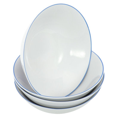 Set of 4 White Ceramic Dinner Bowls with Elegant Blue Rim - Durable ...