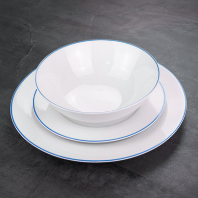 Set of 4 White Ceramic Dinner Bowls with Elegant Blue Rim - Durable ...