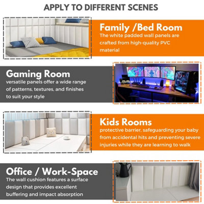 Set of 4 White Padded Wall Panels (60x25cm)- Peel and Stick Anti ...