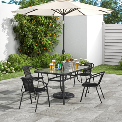Set of 5 Black Tempered Glass 4 Seater Garden Furniture Set Outdoor Coffee Umbrella Table and