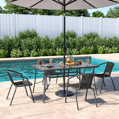 Set of 5 Black Tempered Glass 4 Seater Garden Furniture Set Outdoor Coffee Umbrella Table and