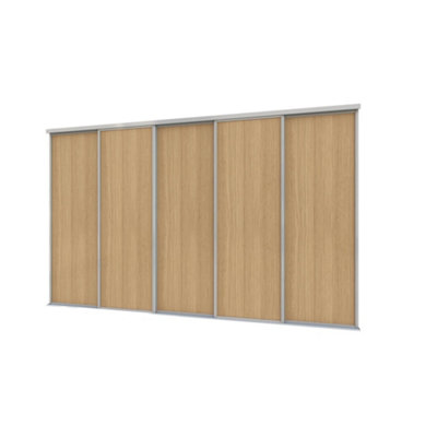 Set of 5 Lancaster Oak Sliding Wardrobe Door Kit in Silver Frame ...