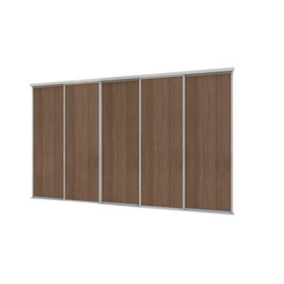 Set of 5 Lincoln Walnut Sliding Wardrobe Door Kit in Silver Frame ...