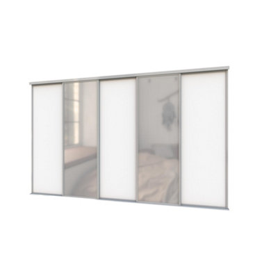 Set of 5 Matt White & Mirror Sliding Wardrobe Door Kit, Silver Frame ...