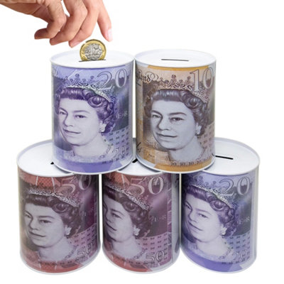 Set Of 5 Pound Note Design Money Tin - Piggy Bank Box Savings Cash Coin ...