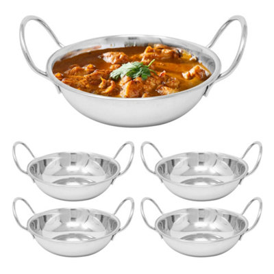 Set Of 5 Stainless Steel Balti Karahi 21cm Metal Curry Serving Indian ...