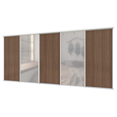 Set of 5 Walnut & Mirror Sliding Wardrobe Door Kit, White Frame ...
