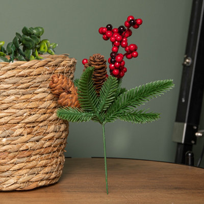 Set of 6 20cm Christmas Pick Decoration with Red Berries and Pinecones