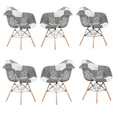 Set of 6 Black/White Patchwork Accent Chairs with Wooden Legs and Black ...