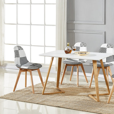 Set of 6 Black/White Patchwork Fabric Chairs with Wooden Legs, Modern ...