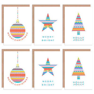 Set of 6 Christmas Cards Folk Pattern Colourful Bauble Star Tree Blank ...