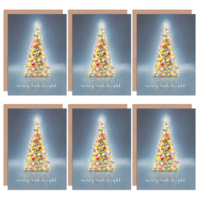 Set of 6 Christmas Cards Tree Lights Merry Bright Set Xmas Cards