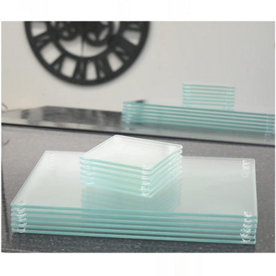Set Of 6 Clear Glass Square Coasters 10x10 and Rectangle Placemats 20x30