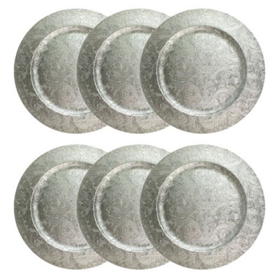 Set of 6 Embossed Silver Charger Plates