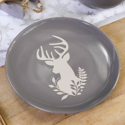 Set of 6 Grey Stag Head Christmas Crockery Dinner Plate Side Plates Dia21cm