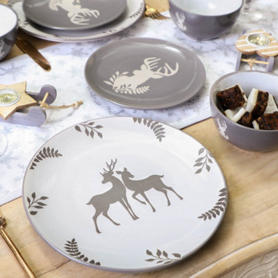 Set of 6 Grey Stag Head Christmas Crockery Dinner Plate Side Plates Dia21cm