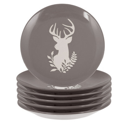 Set of 6 Grey Stag Head Dinner Plate Side Plates | DIY at B&Q