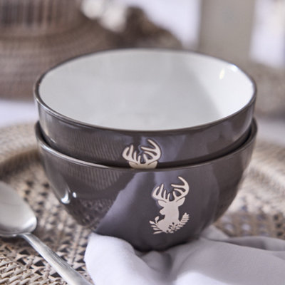Set of 6 Grey Stag Stoneware Dinnerware Christmas Bowls