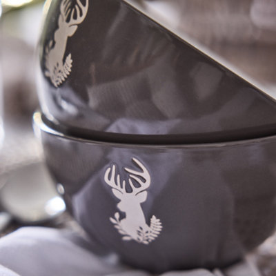 Set of 6 Grey Stag Stoneware Dinnerware Christmas Bowls