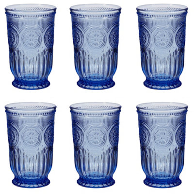 Set of 6 Luxury Embossed Blue Tall Drinking Glass Tumblers Wedding ...