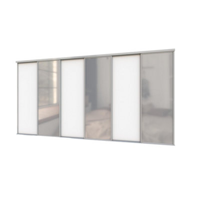 Set of 6 Matt White & Mirror Sliding Wardrobe Door Kit, Silver Frame ...