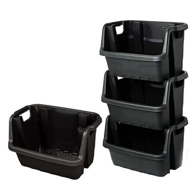 Set of 6 Open Fronted Black Plastic Crates Heavy Duty Stackable Storage ...