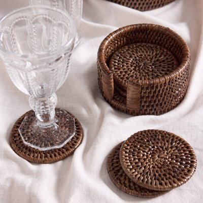 Set of 6 Premium Brown Rattan Dining Table Coasters with Holder