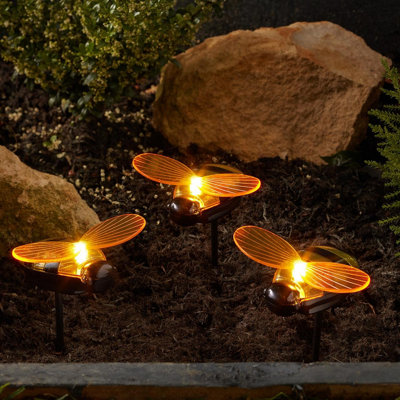 Set of 6 Solar Powered Bee Stake Lights - Weatherproof Outdoor Garden ...