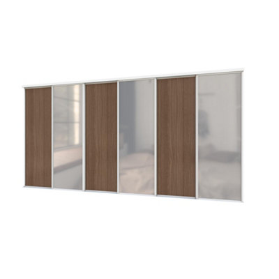 Set of 6 Walnut & Mirror Sliding Wardrobe Door Kit, White Frame ...