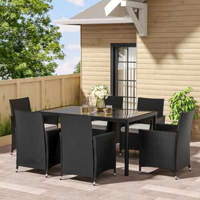 Set of 7 Black Garden Patio Furniture Set Rectangular Glass Outdoor ...
