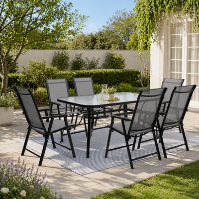 Set of 7 Black Tempered Glass Outdoor Coffee Umbrella Table and Folding ...
