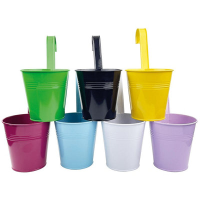 Set of 7 Metal Hanging Plant Pots - Weatherproof Colourful Outdoor ...