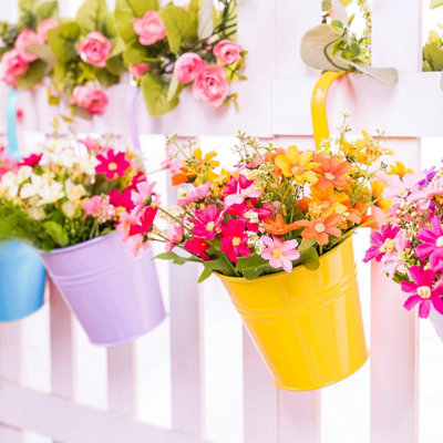 Set of 7 Metal Hanging Plant Pots - Weatherproof Colourful Outdoor ...
