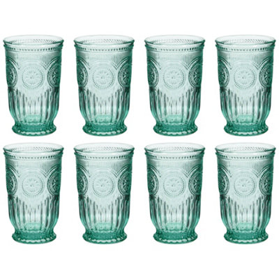 Set of 8 Luxury Embossed Green Tall Drinking Glass Tumblers 330ml