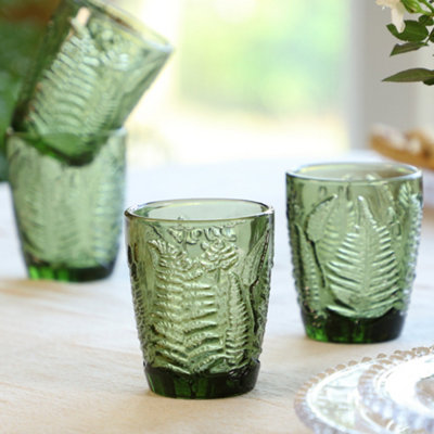 SET OF 8 VINTAGE LUXURY GREEN LEAF EMBOSSED DRINKING GLASS TUMBLERS ...