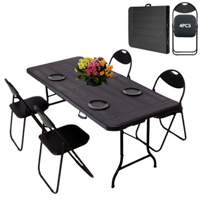 Set of Black 6ft (180cm) Folding Trestle Table and 4 Foldable Chairs ...