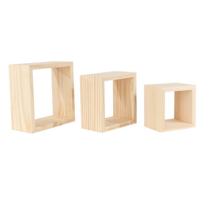 set of three wall hanging cubes, solid pine wood,natural sanded