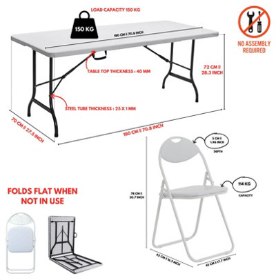 Set of White 6ft (180cm) Folding Trestle Table and 4 Foldable Chairs -Lightweight, Portable ...