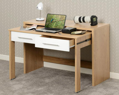 Seville 2 Drawer Slider Desk in White Gloss Light Oak Effect Veneer