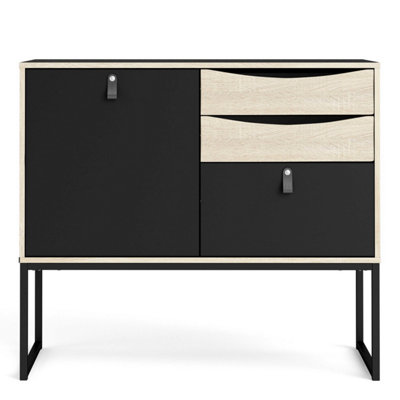 Seville Black Oak Sideboard, 1 Door 3 Drawers, Metal Legs