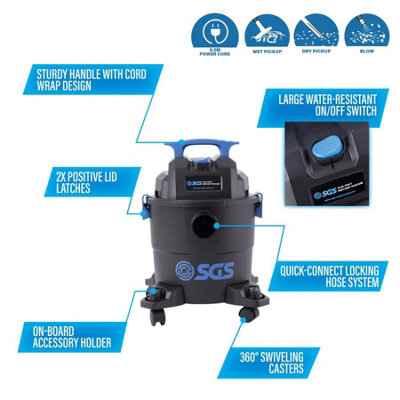 SGS 15.5L Wet & Dry Vacuum Cleaner for Home or Workplace Nozzles Swivel ...
