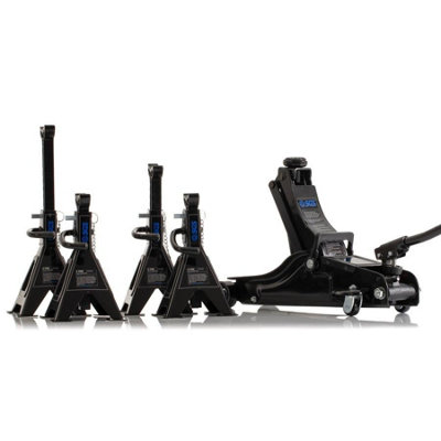 SGS 2 Tonne Low Entry Trolley Jack & 4 Ratchet Axle Stands Set, Steel ...